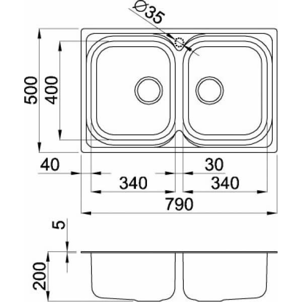 Chiuveta inox Elleci Sky 350, 790 x 500 mm, satinat, doua cuve